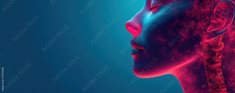 3d render illustration of female face with red inflammated nasal, ear ...