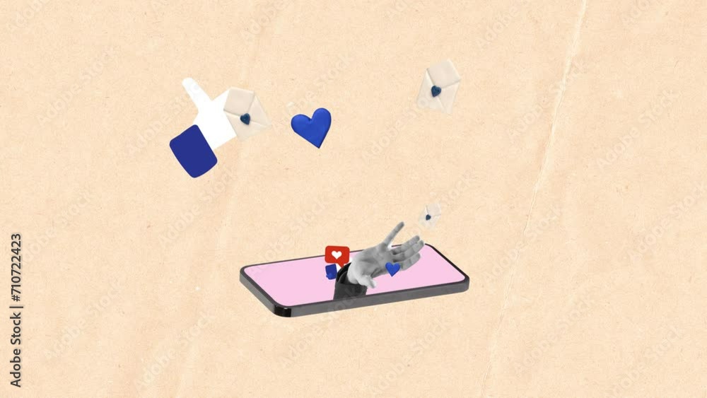 Stop motion. Animation. Male hand diving into phone screen around many ...