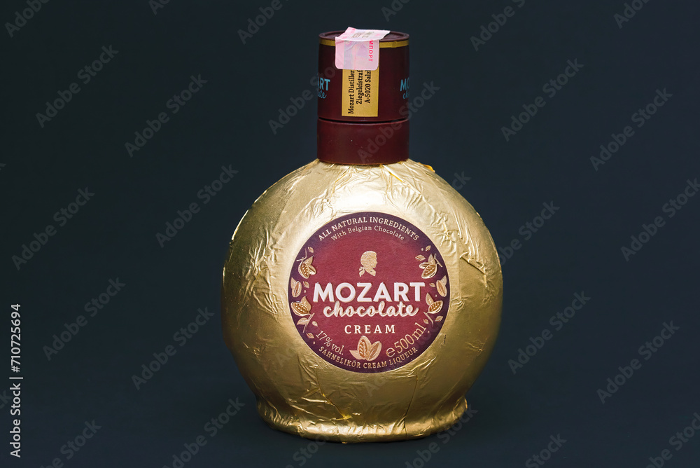 Minsk, Belarus. Jan 12, 2024. Mozart Chocolate Cream liquer, round ...