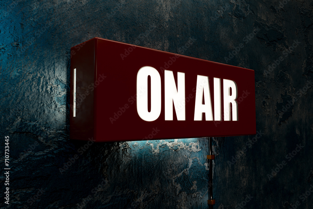 On Air sign. Red plastic box with wihte letters on a wall, TV show or ...