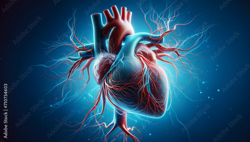 A stylized human heart with veins, arteries, and blood vessels on a ...