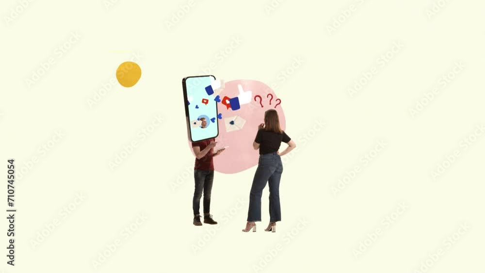 Stop motion. Animation. Young man with phone screen and girl looking at ...