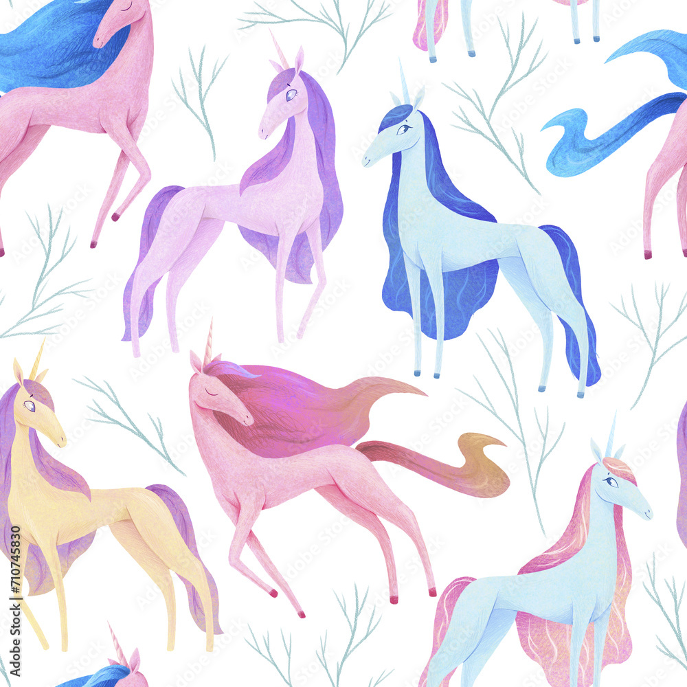Unicorn seamless pattern. Beautiful delicate unicorns, different ...