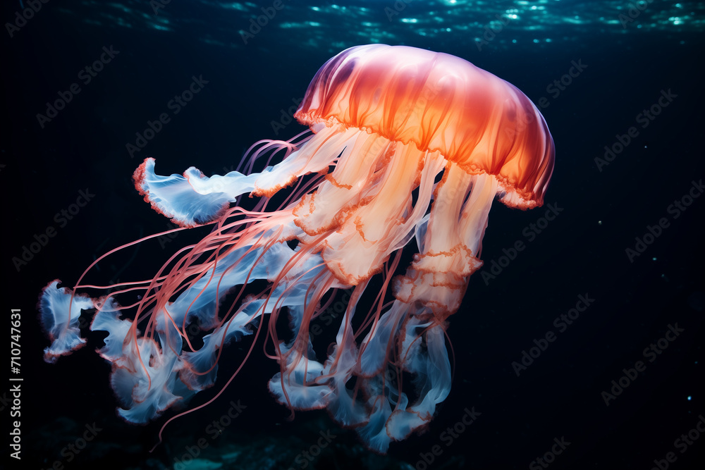 Beautiful Lion's Mane Jellyfish with it's tentacles in the depth of sea ...