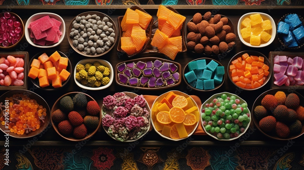 a bunch of bowls filled with different types of candies and fruit next ...