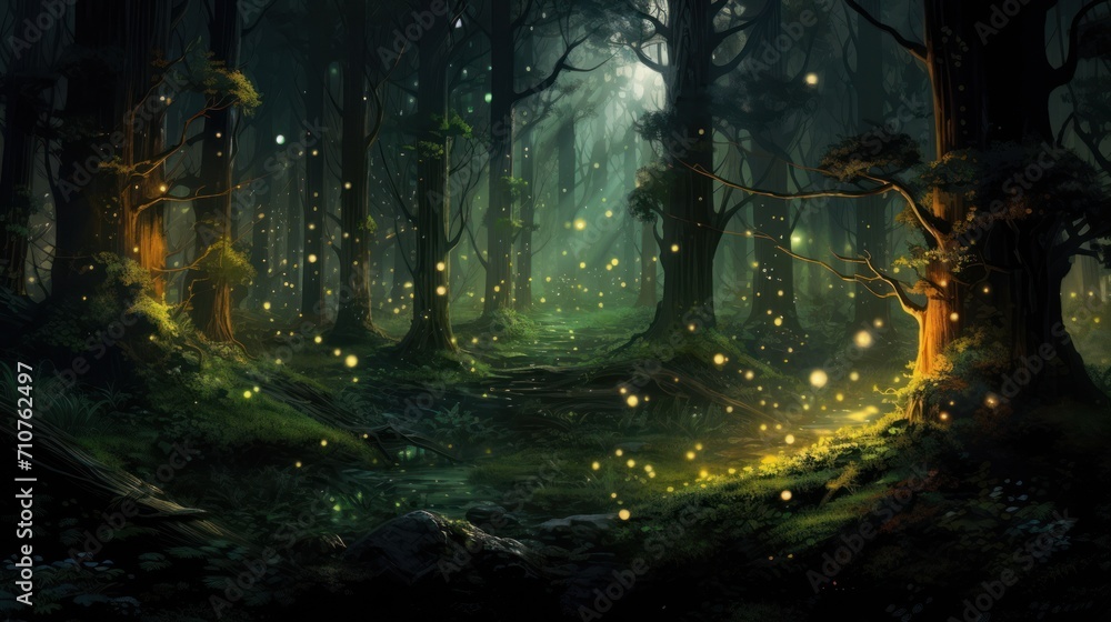 a forest filled with lots of trees and fireflies flying in the air over ...