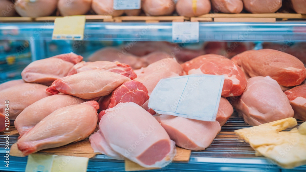 Fresh organic chicken meat on a shelf in a supermarket, Variety ...