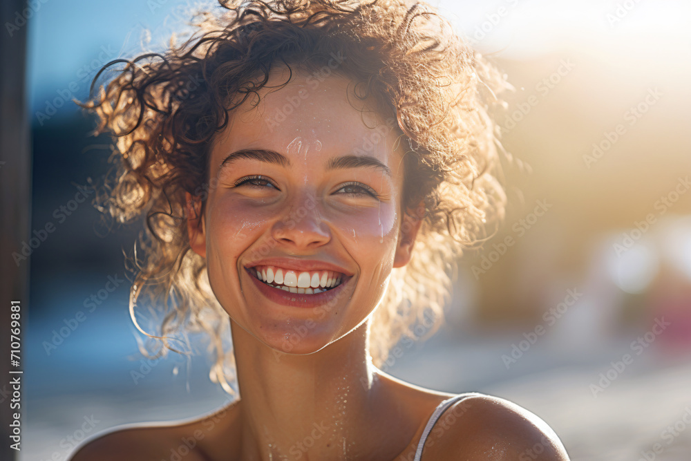 Foto de Woman smiling on the beach, with applied sunscreen, in the ...