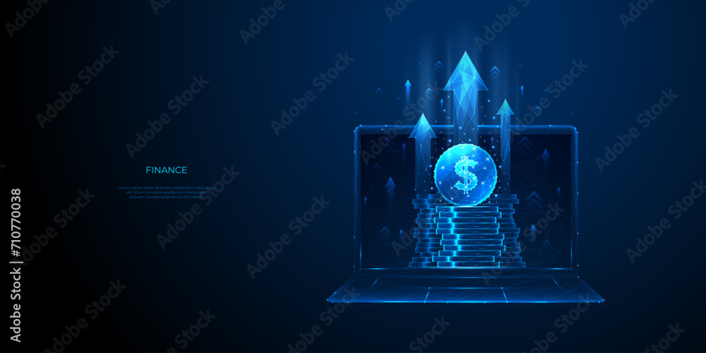 Abstract 3D light blue dollar coin stack on a laptop screen in ...