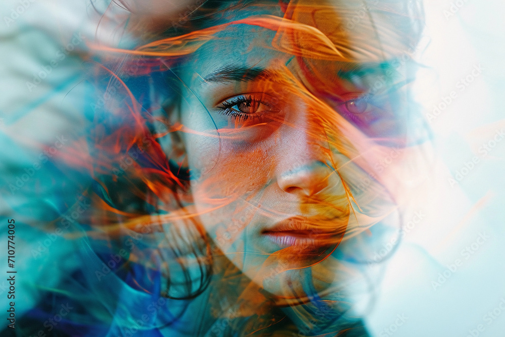 double exposure portrait, one image in natural colors and the other in ...