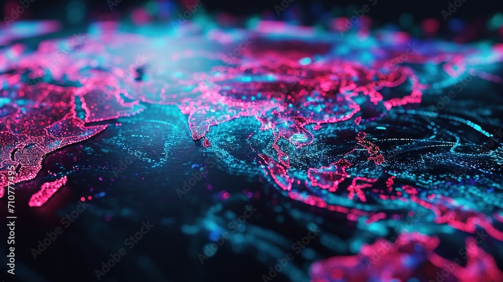 Neon abstract map of continents, high-tech world of the future. Created ...