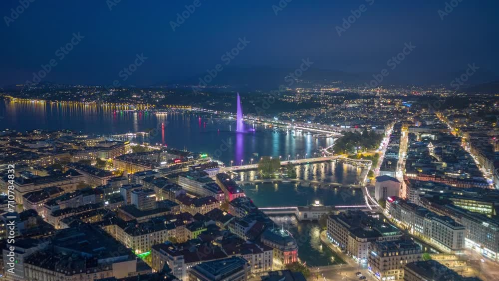 Geneva, Switzerland skyline view towards the Jet d'Eau fountain in Lake ...