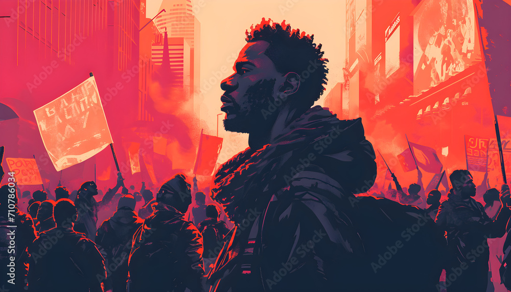A powerful illustration of a black man leading a protesting crowd with ...