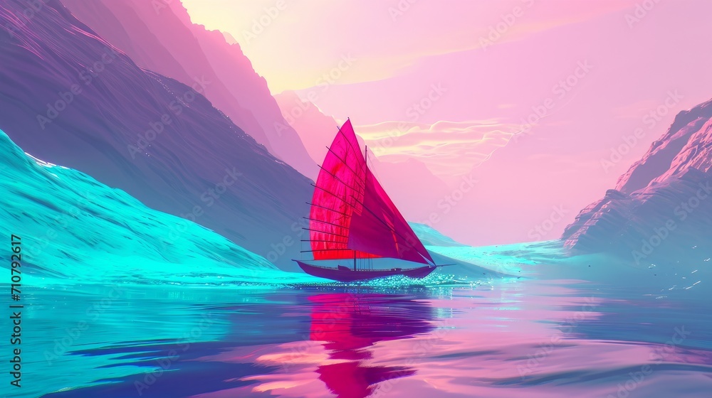 Synthwave, shot from the water,a chinese sail drifts over hills ...