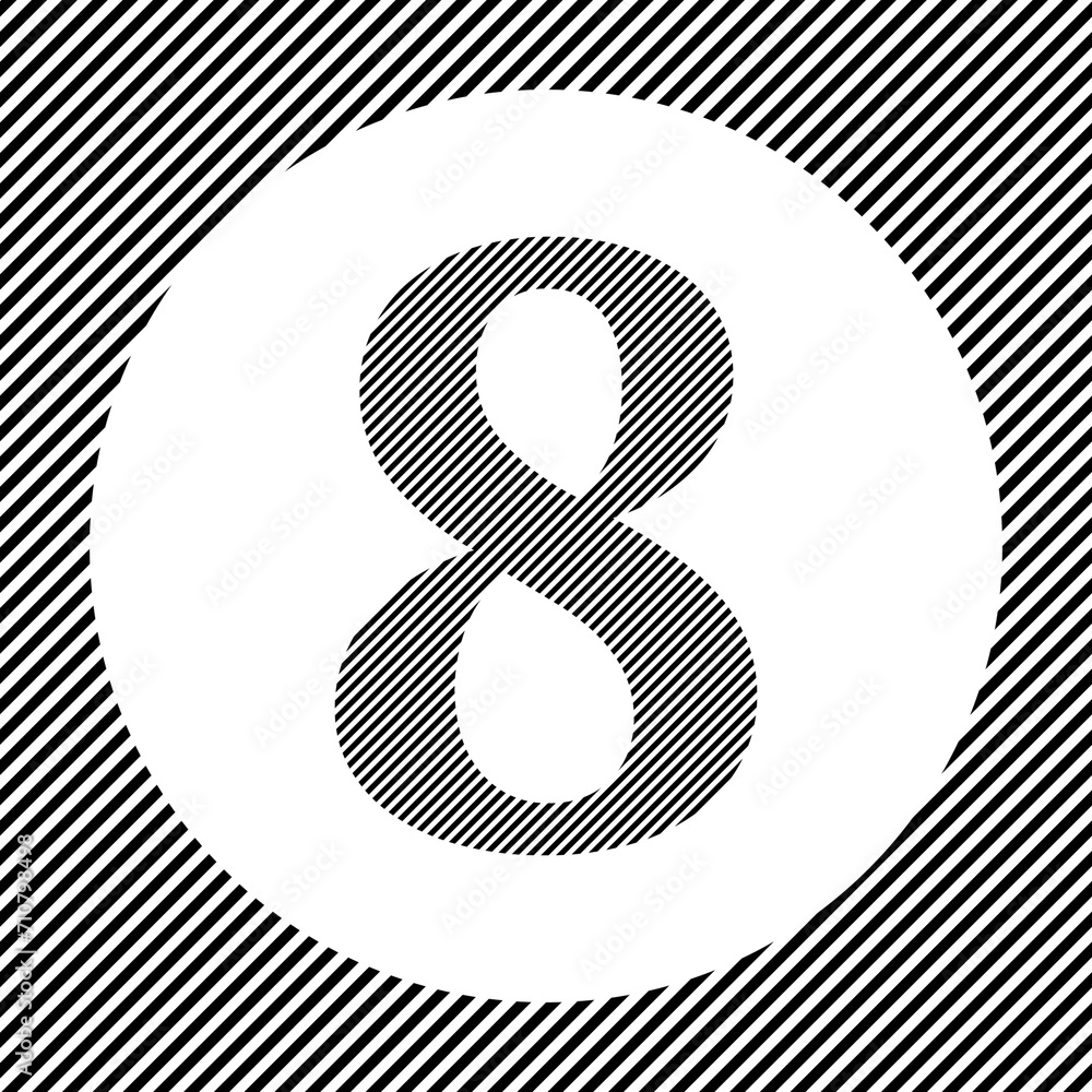 A large number eight symbol in the center as a hatch of black lines on ...