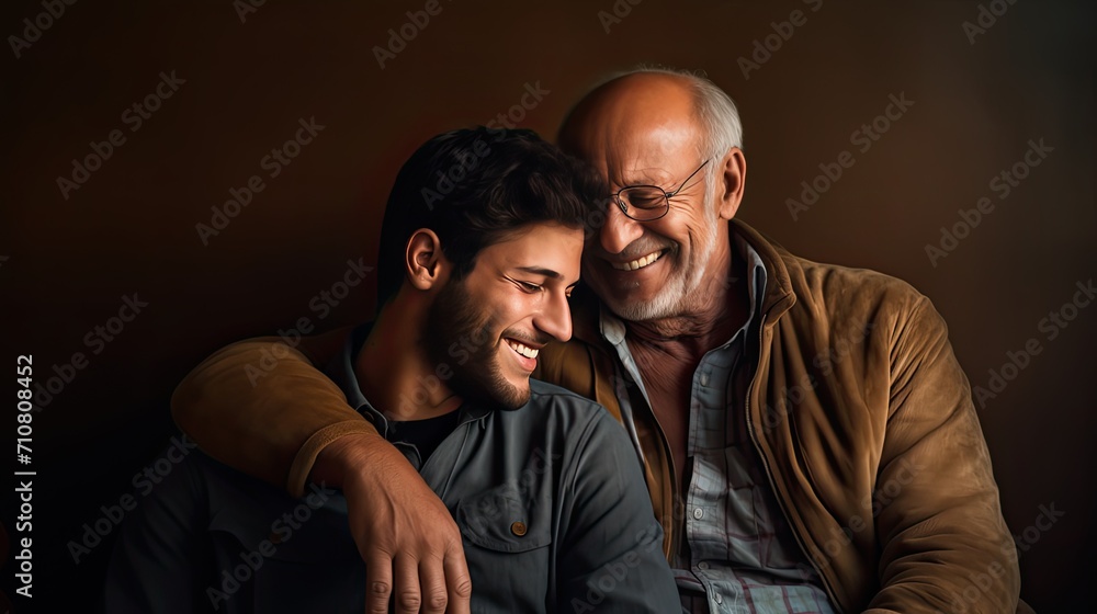 an adult son lovingly hugging his old father at home, the happiness of ...
