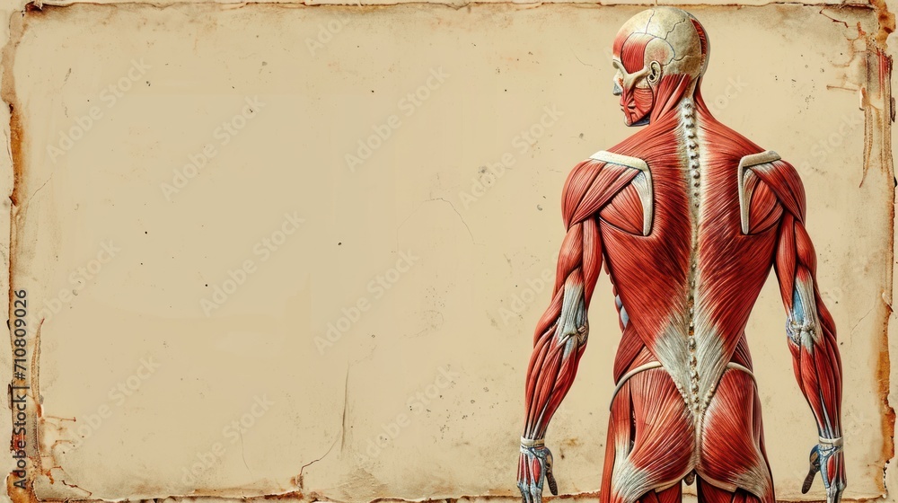 a drawing of the back of a human figure with muscles highlighted in red ...