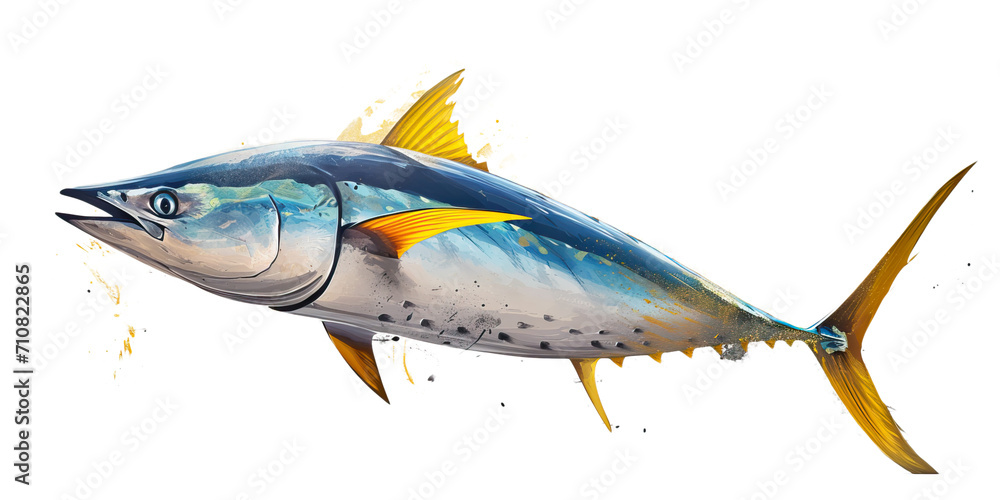 Atlantic yellowfin tuna mid-jump, showing off its streamlined shape and ...