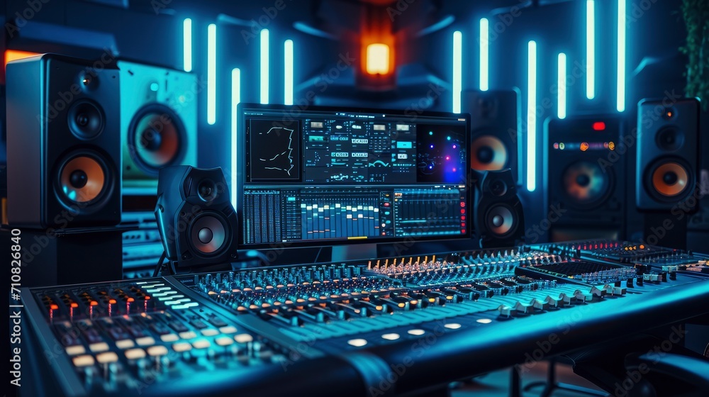 Imagine a visually captivating scene in a modern music record studio ...