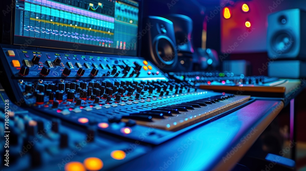 Imagine a visually captivating scene in a modern music record studio ...