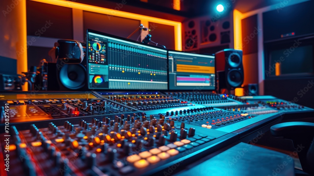 Imagine a visually captivating scene in a modern music record studio ...