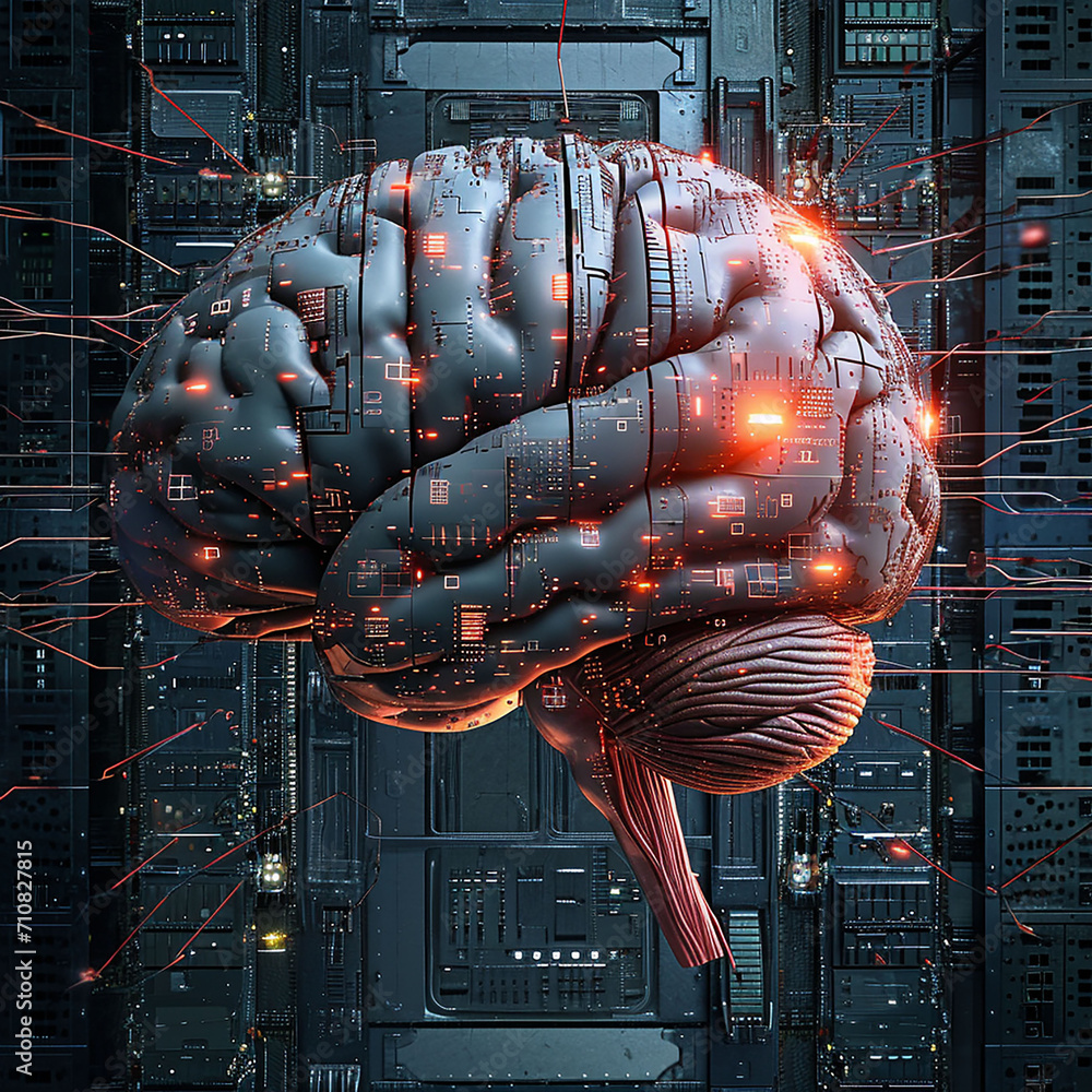3d rendering of human brain with circuit board in server room ...