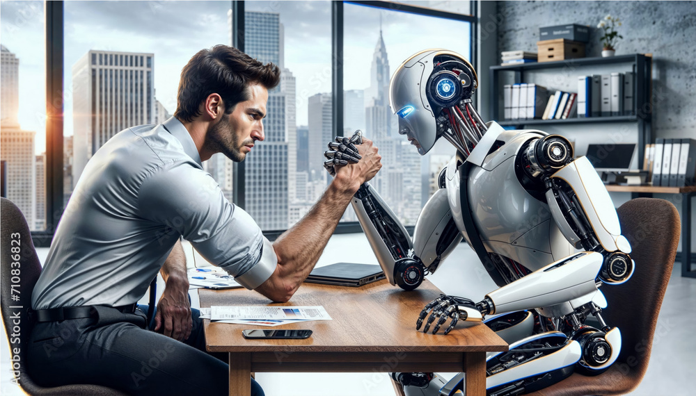 Human vs AI. Human man and AI humanoid robot are engaging in arm ...