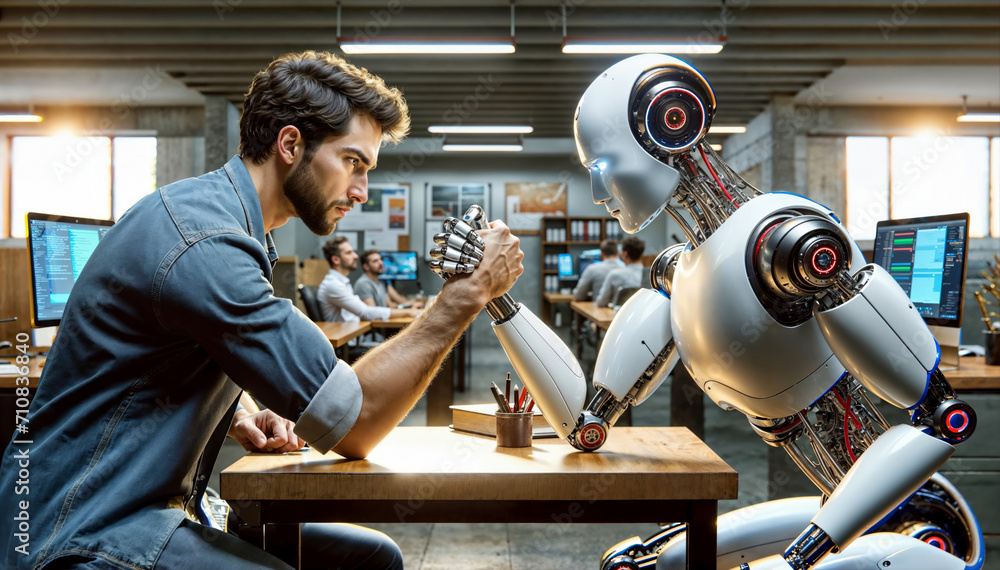 Human vs AI. Human man and AI humanoid robot are engaging in arm ...