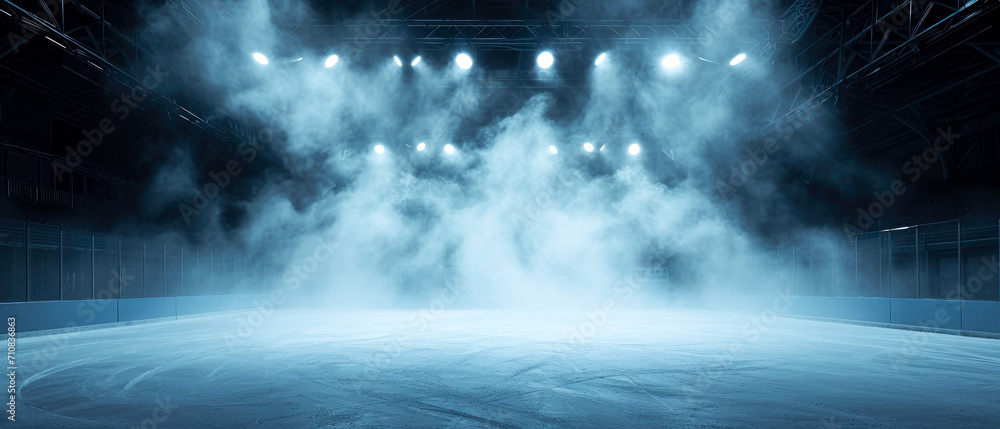 Blue Ice Rink Background. Professional Arena illuminated neon lights ...