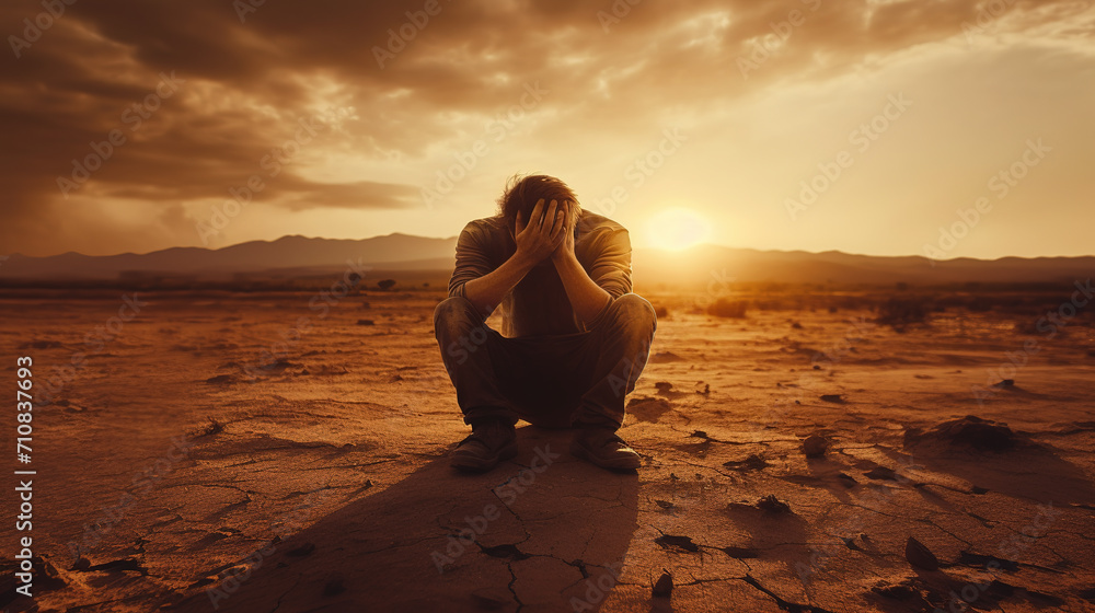 Man sitting on the ground in the desert, holding his head, covering his ...