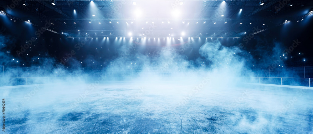 Blue Ice Rink Background. Professional Arena illuminated neon lights ...