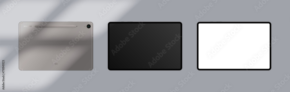 Tablet Galaxy Tab S9 icons. Beige color. Rear and front views. Computer phone Samsung Galaxy Tab ...
