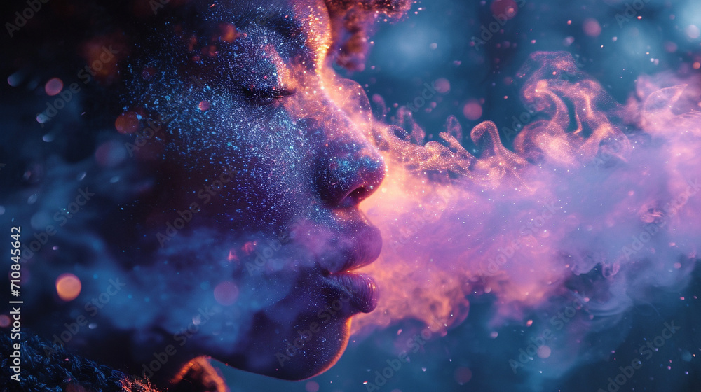 A cinematic photograph of a person taking a deep breath, the subtle ...