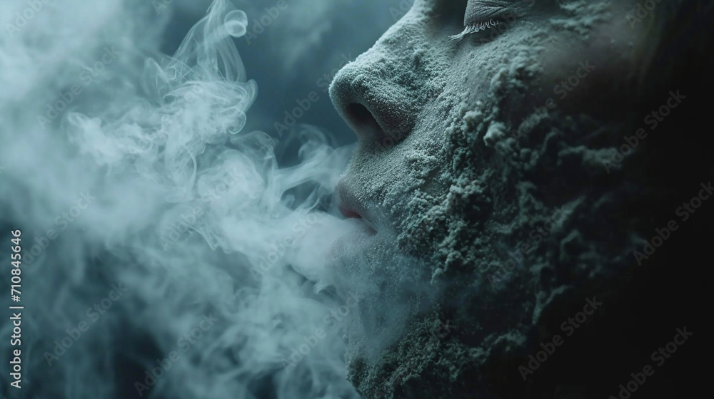 A cinematic photograph of a person taking a deep breath, the subtle ...