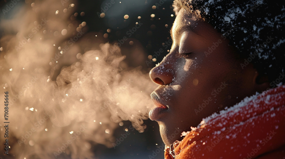 A cinematic photograph of a person taking a deep breath, the subtle ...