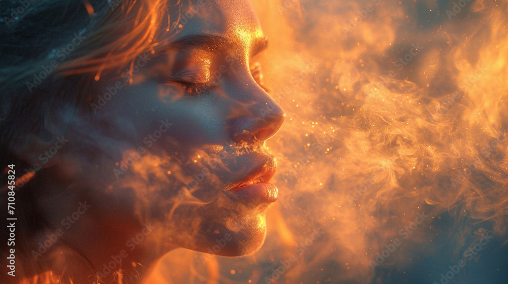 An artistically enhanced photograph of a person exhaling vapor, the ...