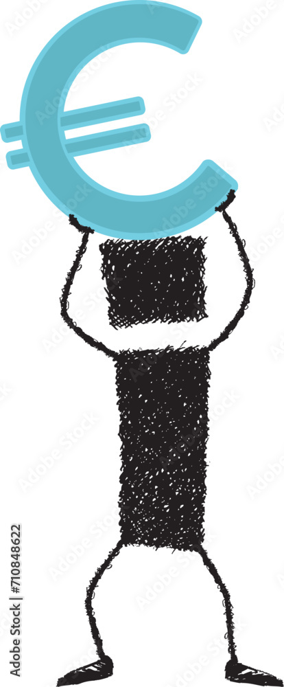 Winner with euro symbol, stick figure. A stick figure raises above his ...