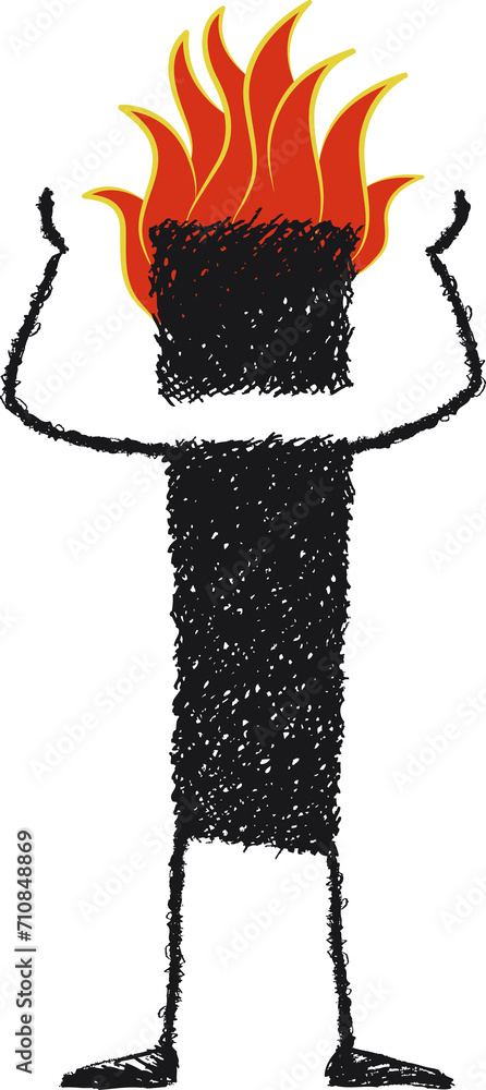 Burnout, stick figure. The head of a stick figure is burning. A person ...