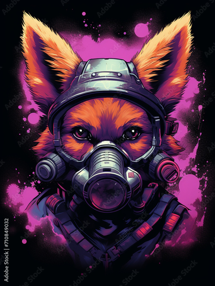 t-shirt design, a gas mask wearing (fox) on a canvas, in the style of ...