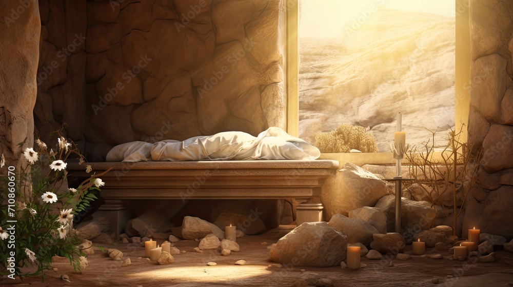 an empty tomb and a crucifix, angles and shots that emphasize the ...