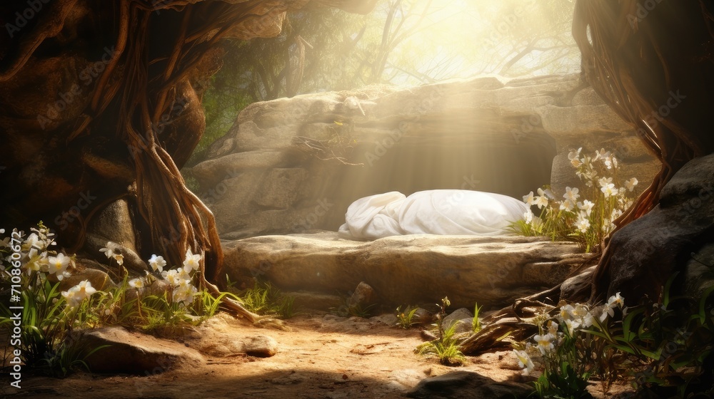 an empty tomb and a crucifix, angles and shots that emphasize the ...