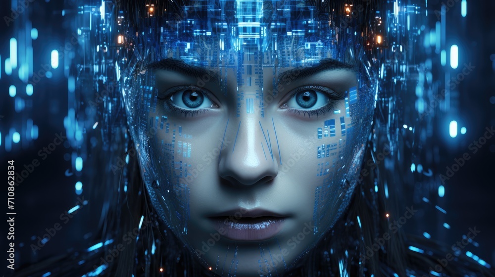 Cyberhumanoid girl robot with blue eyes and binary code represents AI ...