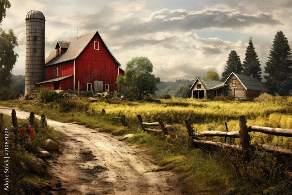An idyllic scene of a farm with a vibrant red barn, capturing the ...