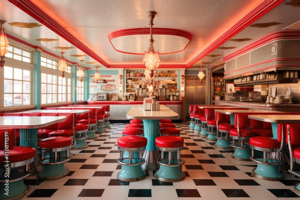 An image of a classic American diner showcasing its checkered floor and red stools, An old ...