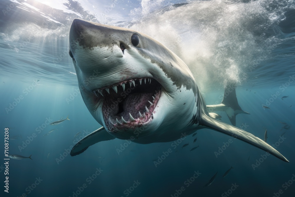A powerful and fearsome great white shark showcasing its imposing rows ...
