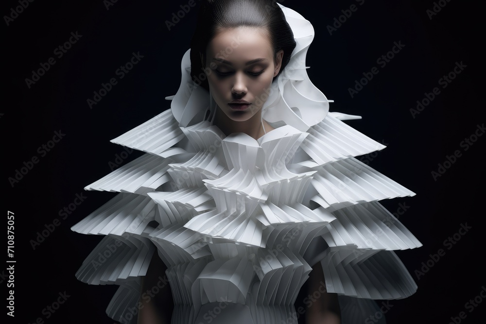 A woman confidently dons a white dress made entirely of paper, creating ...