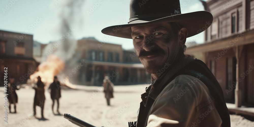 outlaws in a 70s old west movie scene with intense actors Stock-Foto ...