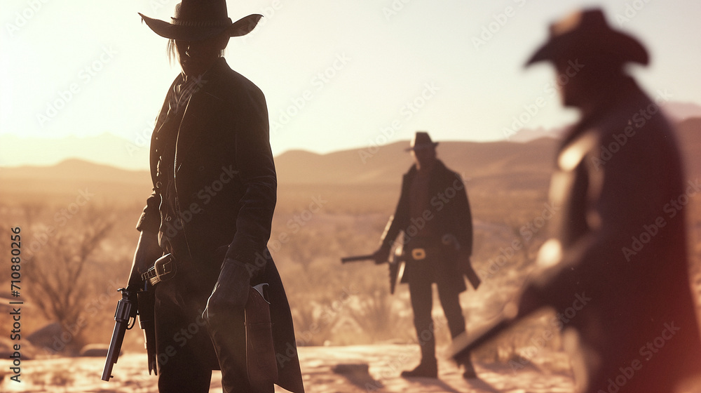 outlaws in a 70s old west movie scene with intense actors Stock Photo ...