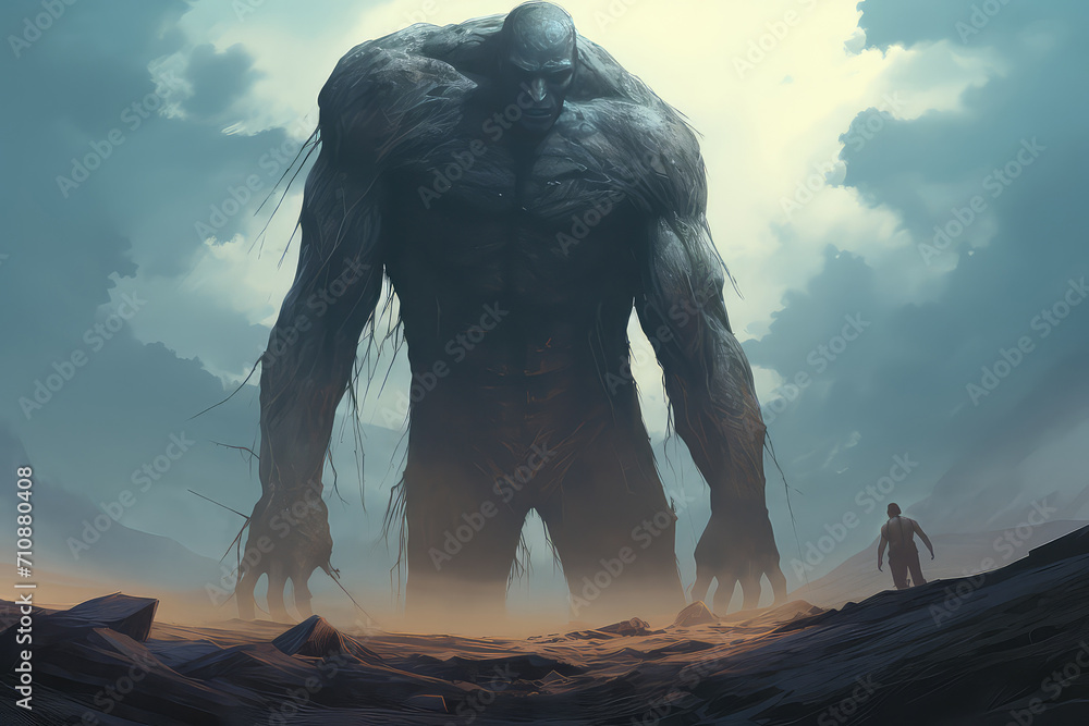 illustration painting of the man standing and facing the giant monster ...