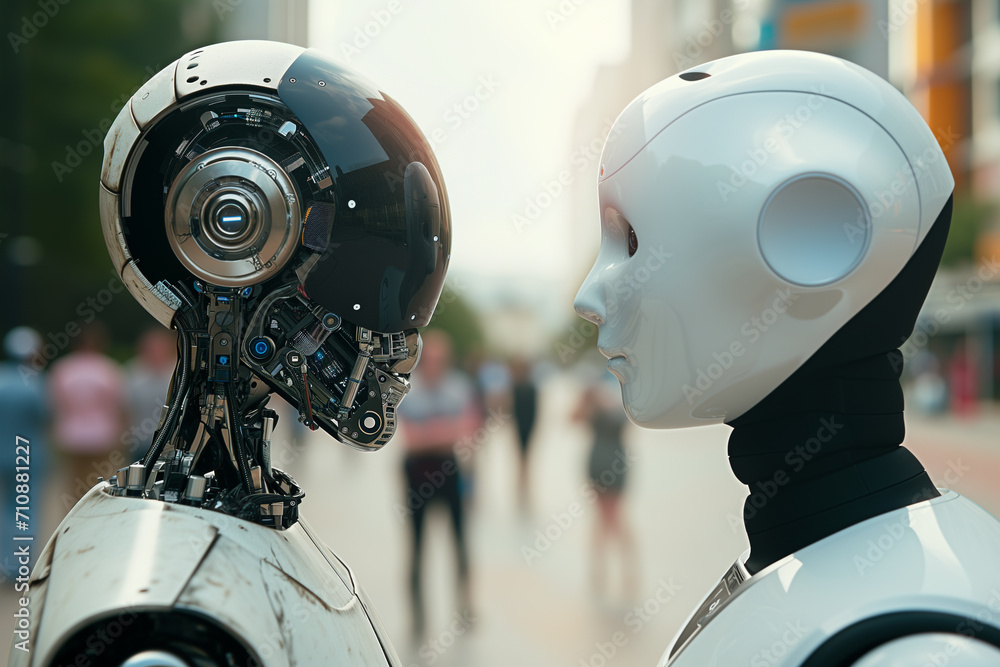 Headshot of a robotic figure with white eyes and features. cyborg with ...